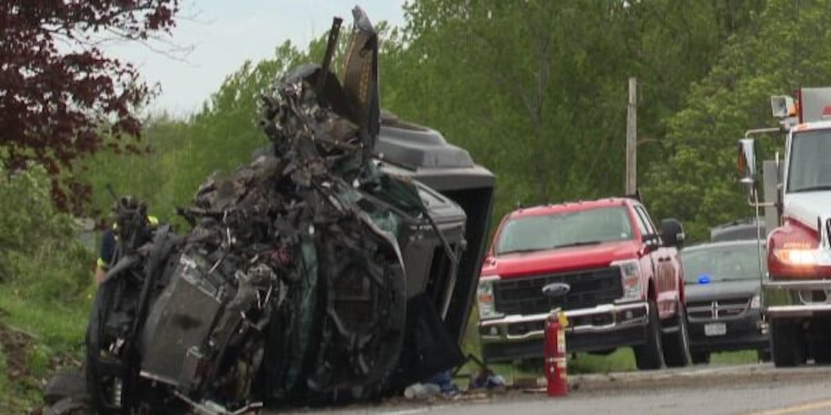 Pickup truck apparently bursts into flames after crash Pickup truck apparently bursts into flames after crash